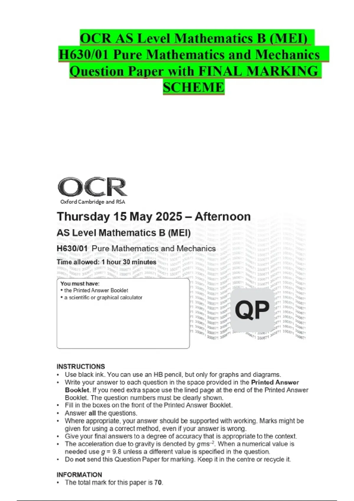 OCR AS Level Mathematics B (MEI) H630/01 Pure Mathematics and Mechanics ...