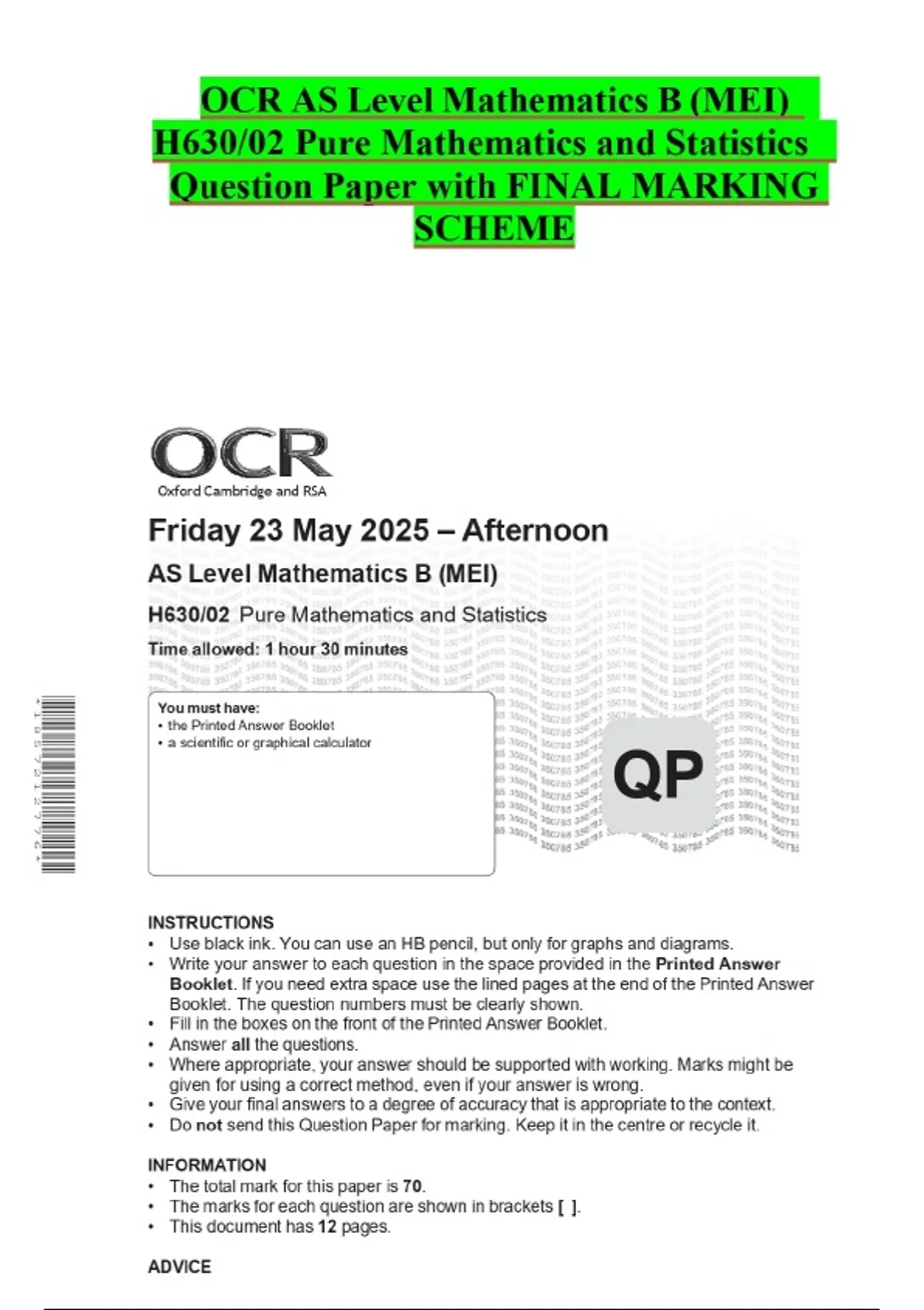 OCR AS Level Mathematics B (MEI) H630/02 Pure Mathematics and ...