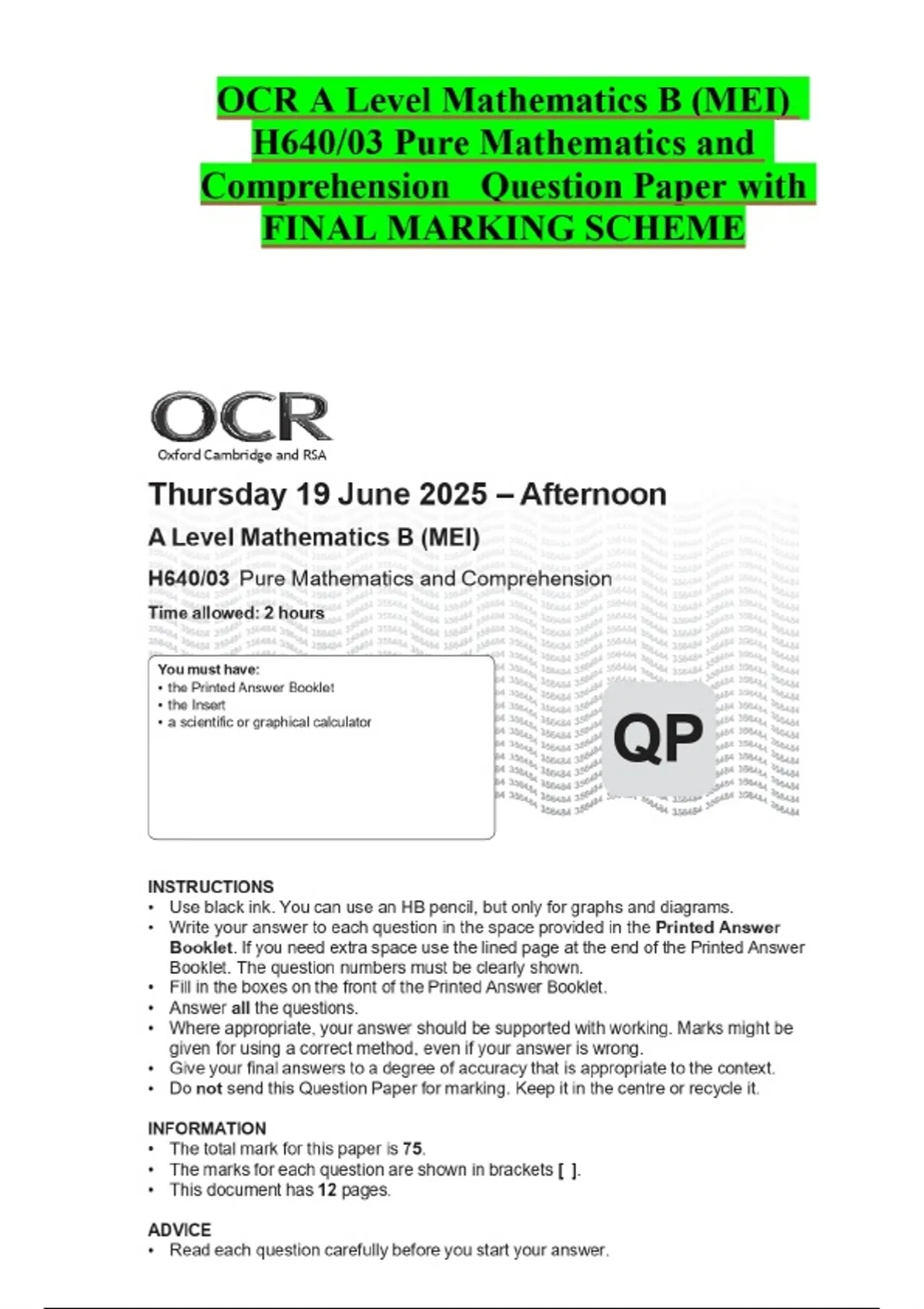 OCR A Level Mathematics B (MEI) H640/03 Pure Mathematics and ...