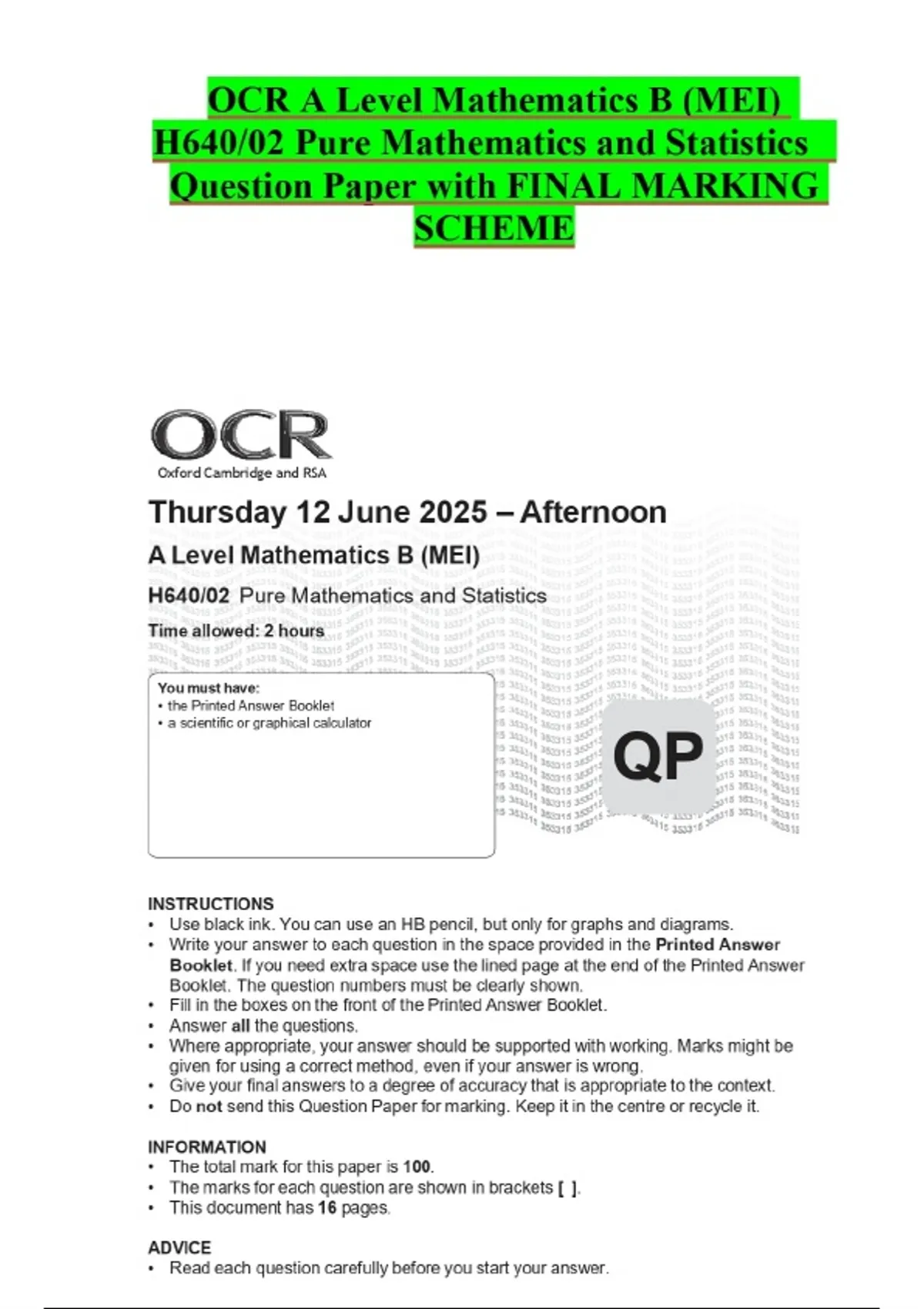 OCR A Level Mathematics B (MEI) H640/02 Pure Mathematics and Statistics ...