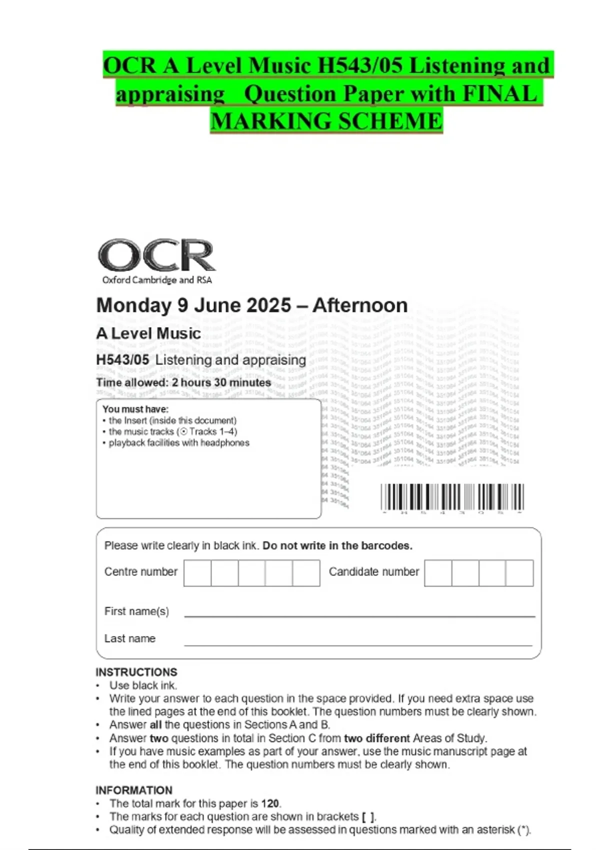 OCR A Level Music H543/05 Listening and appraising Question Paper with ...