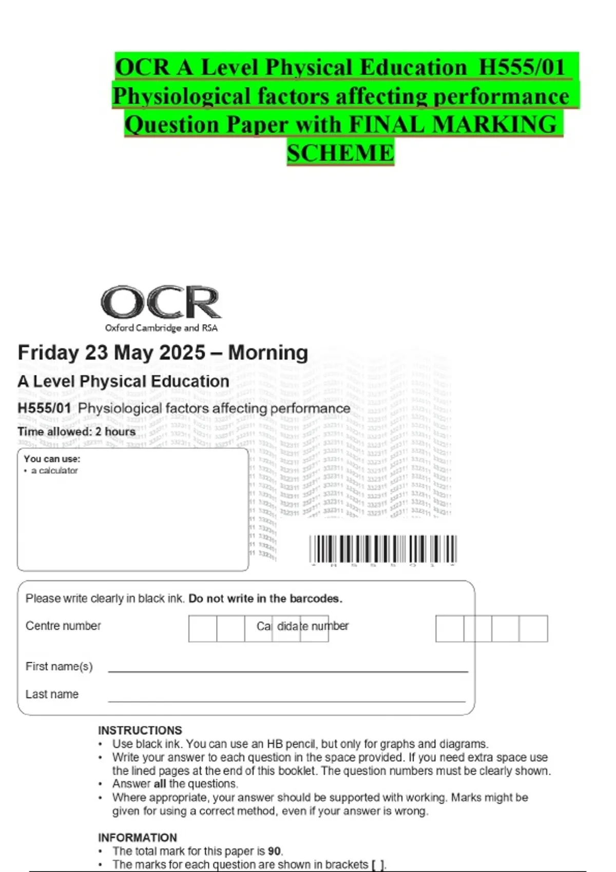 OCR A Level Physical Education H555/01 Physiological factors affecting ...