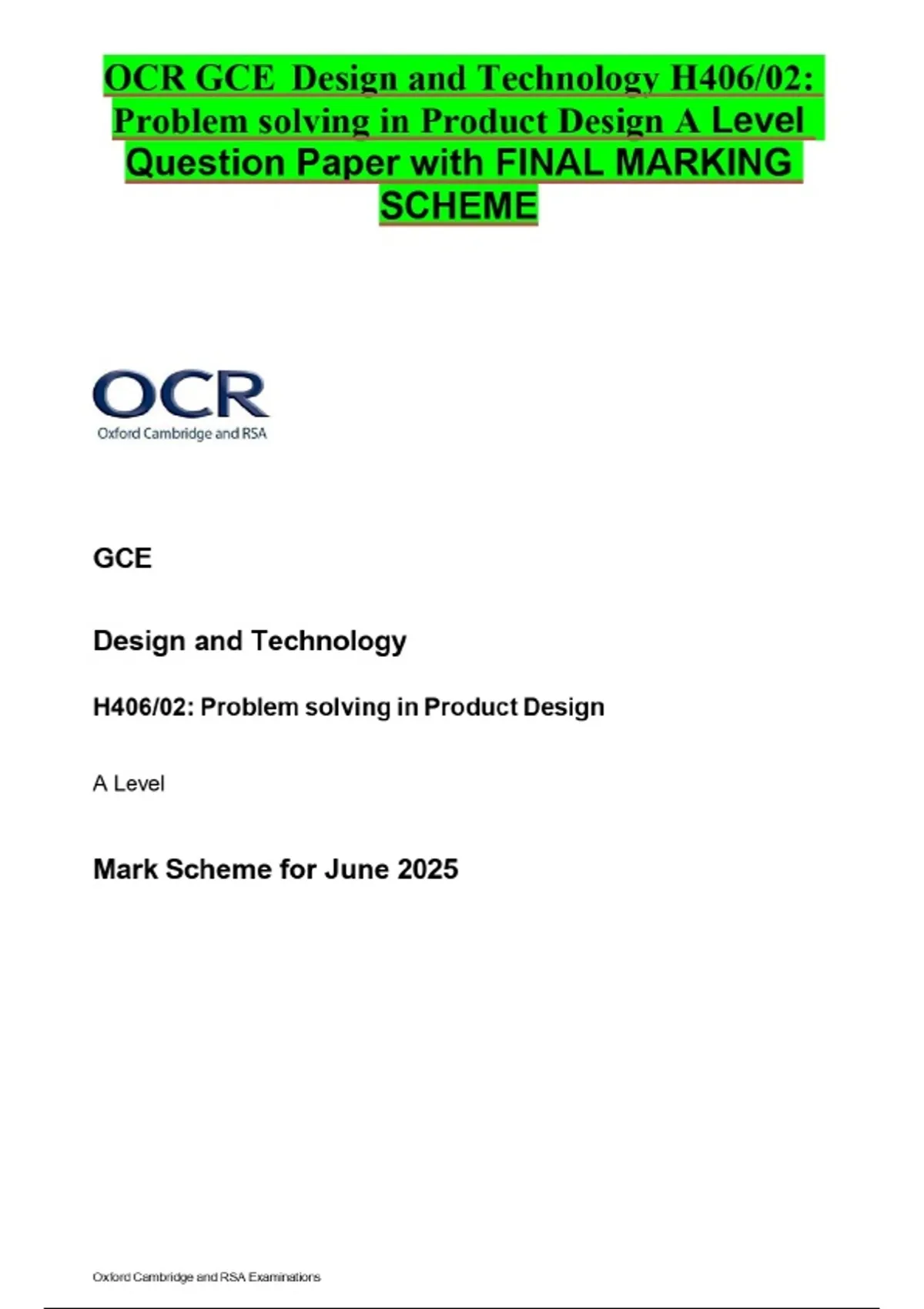 OCR GCE Design and Technology H406/02: Problem solving in Product ...