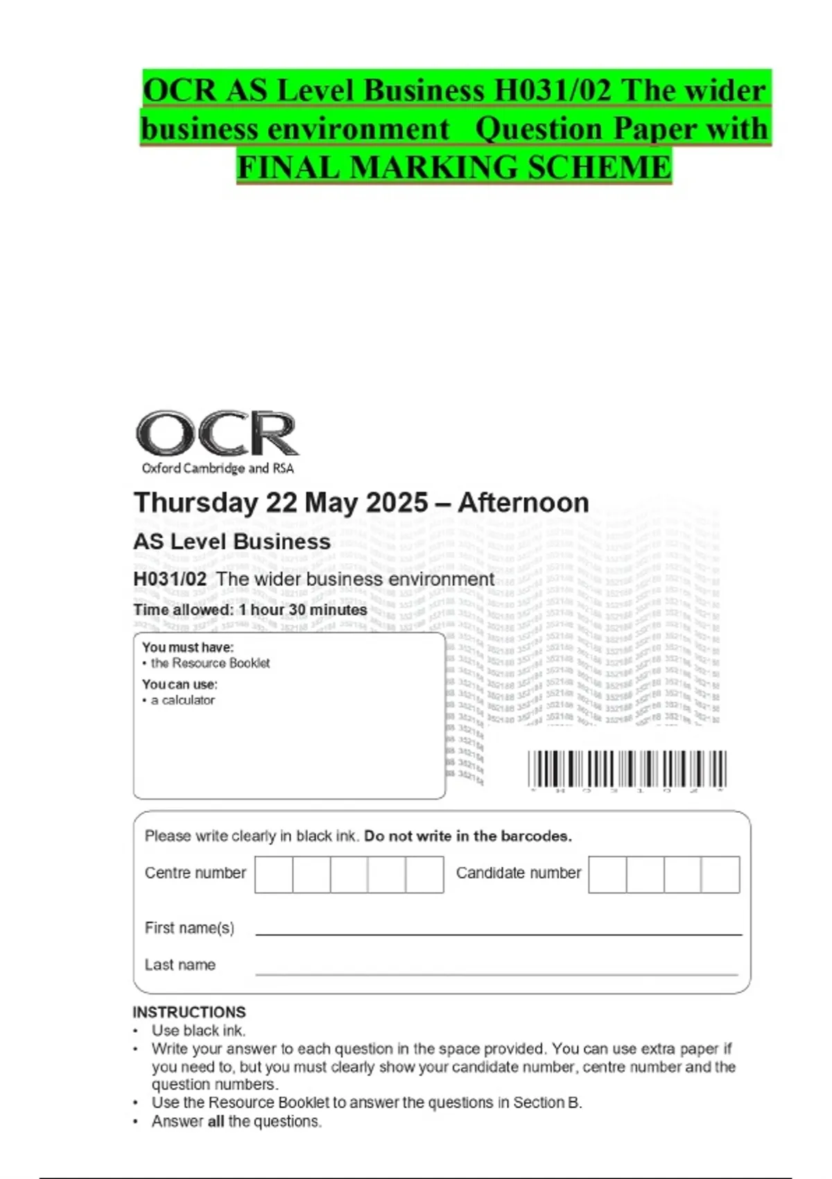 OCR AS Level Business H031/02 The wider business environment Question ...