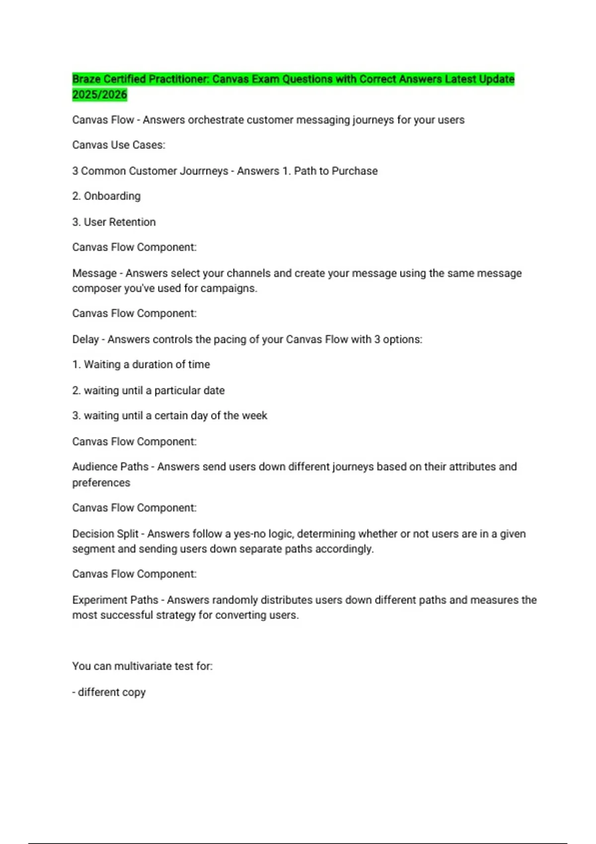 Braze Certified Practitioner: Canvas Exam Questions with Correct ...