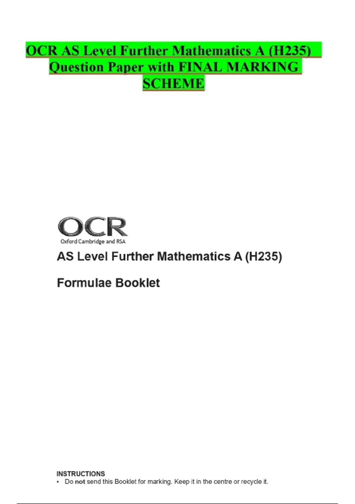 OCR AS Level Further Mathematics A (H235) Question Paper with FINAL ...