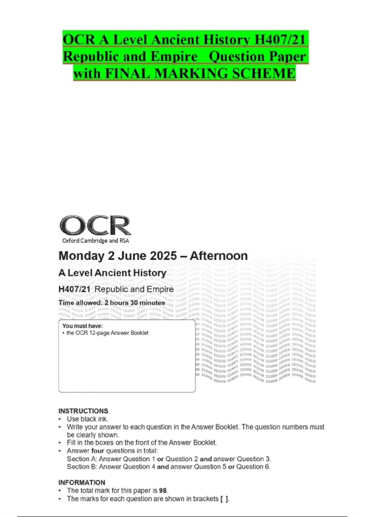 OCR A Level Ancient History H407/21 Republic and Empire Question Paper ...