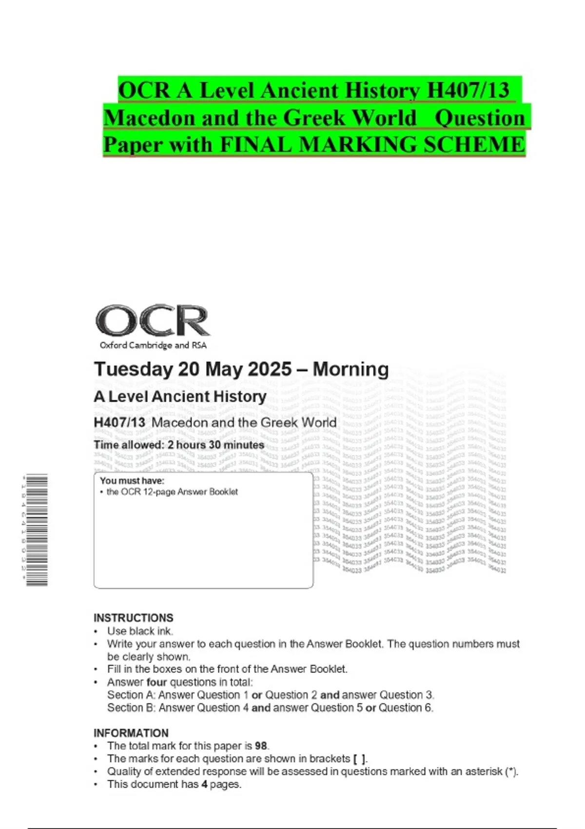 OCR A Level Ancient History H407/13 Macedon and the Greek World ...