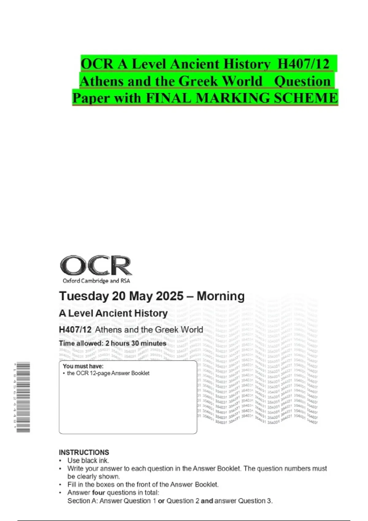 OCR A Level Ancient History H407/12 Athens and the Greek World Question ...