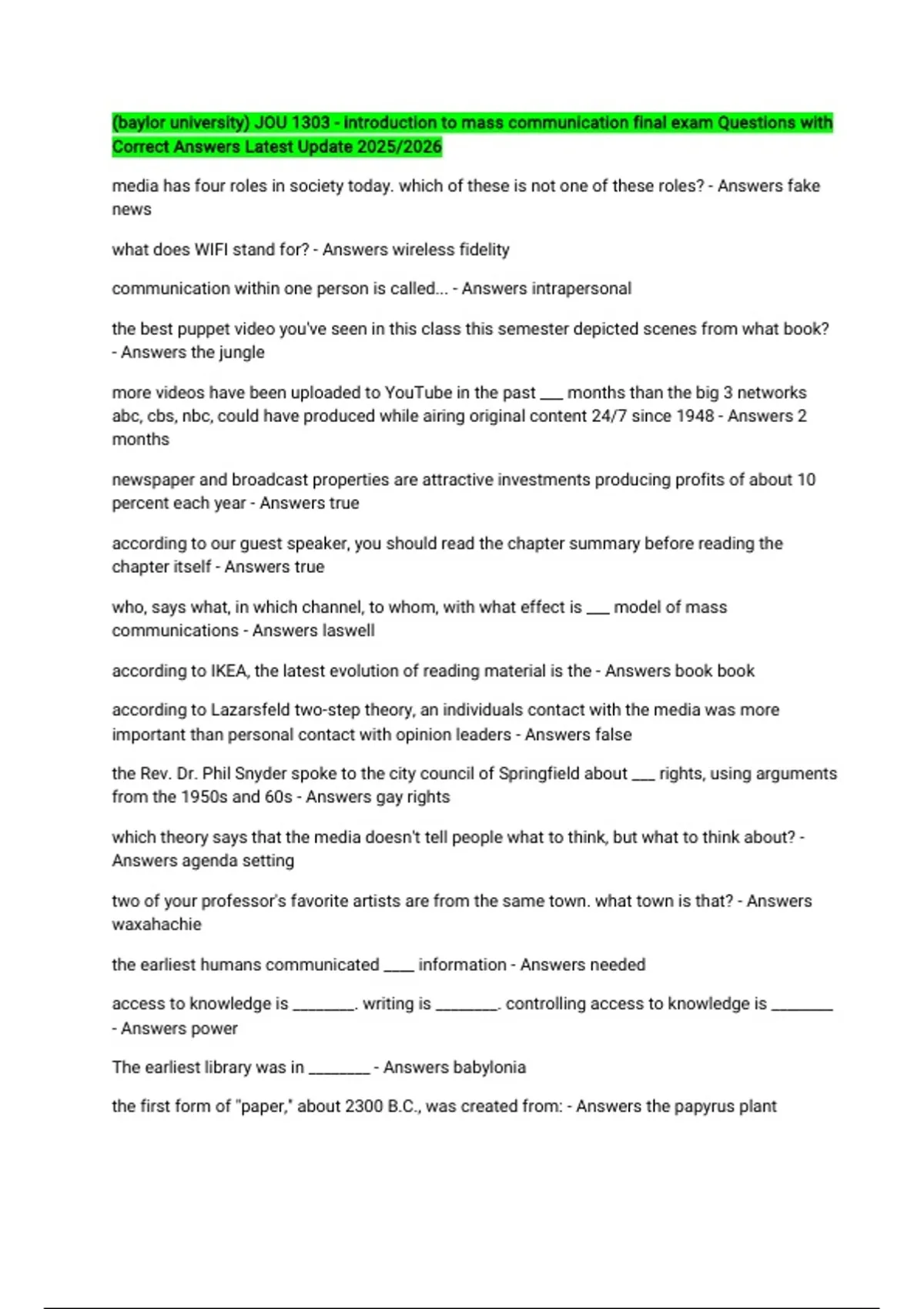 (baylor university) JOU 1303 - introduction to mass communication final ...