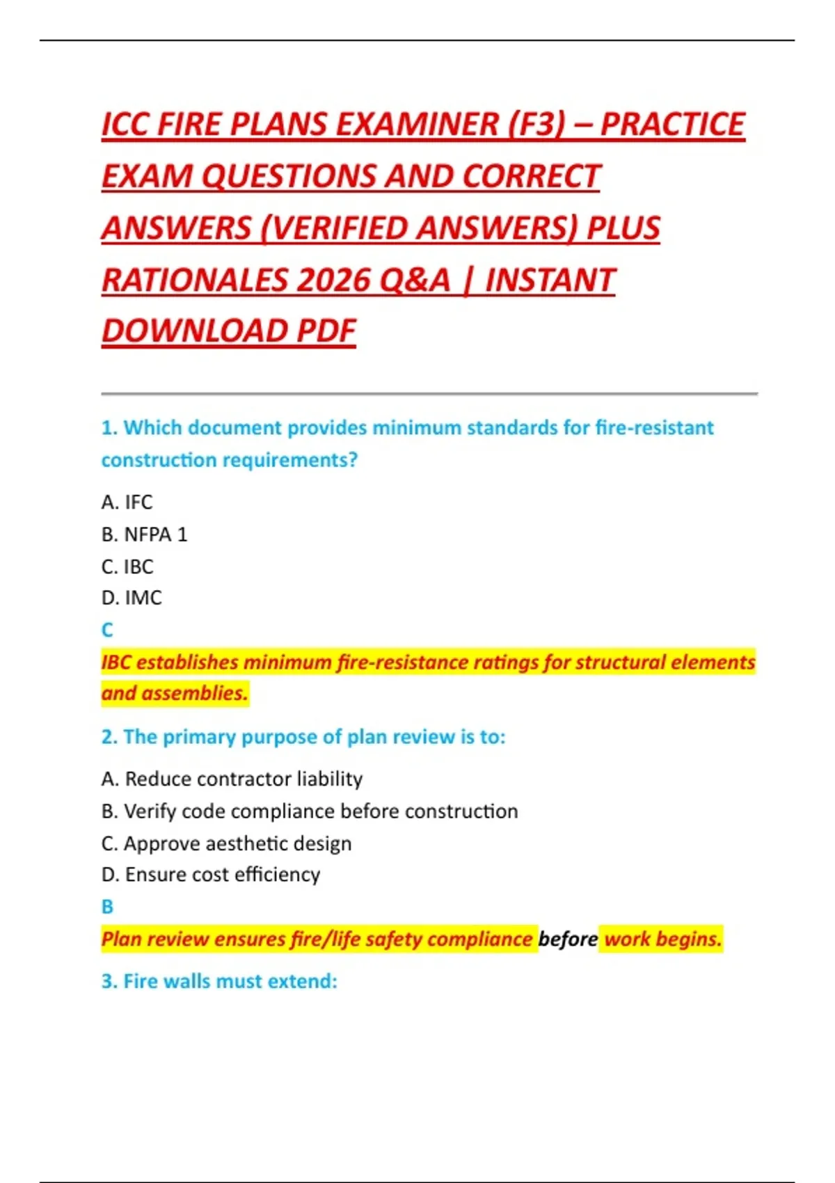ICC FIRE PLANS EXAMINER (F3) – PRACTICE EXAM QUESTIONS AND CORRECT ...