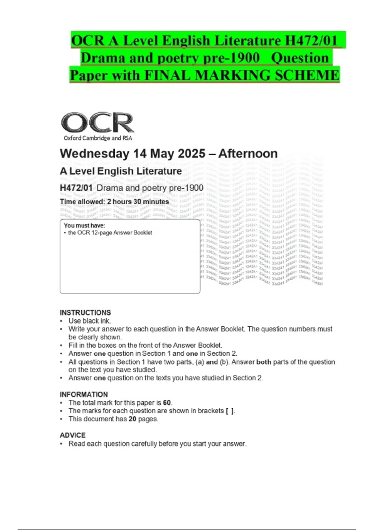 OCR A Level English Literature H472/01 Drama and poetry pre-1900 ...