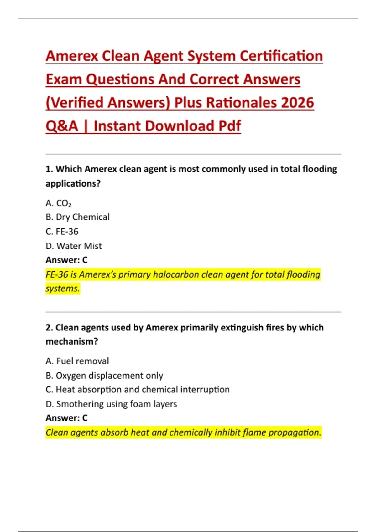 Amerex Clean Agent System Certification Exam Questions And Correct ...