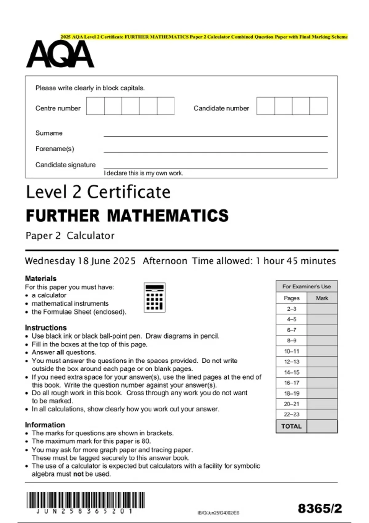 2025 AQA Level 2 Certificate FURTHER MATHEMATICS Paper 2 Calculator ...