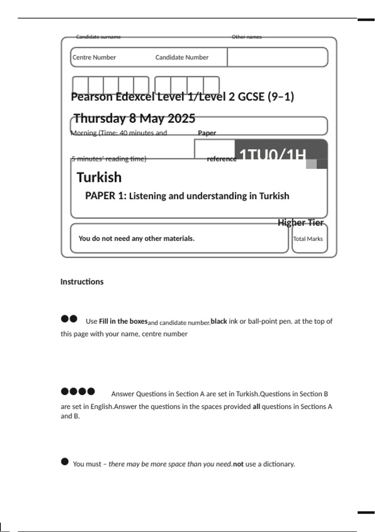 Pearson Edexcel GCSE Turkish Listening & Understanding (Higher Tier ...