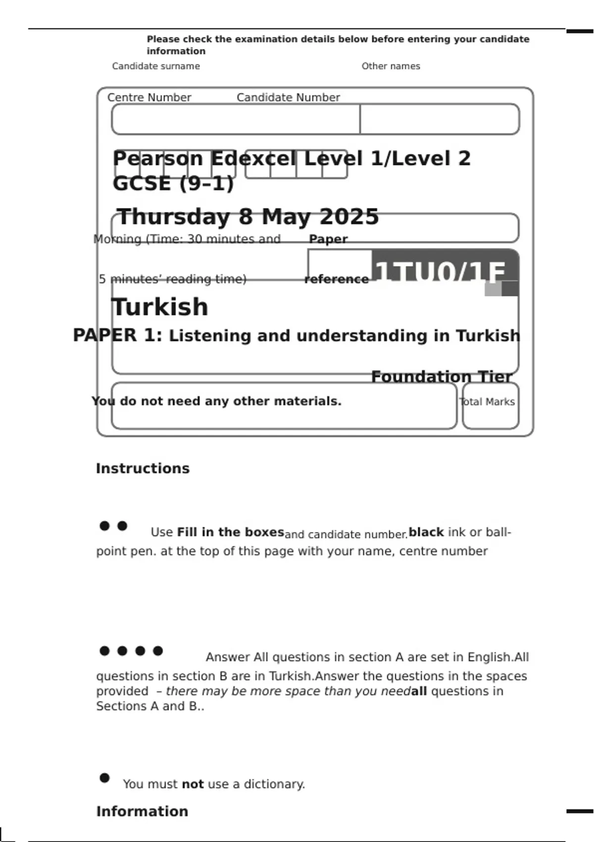Pearson Edexcel GCSE Turkish Listening & Understanding (Foundation Tier ...