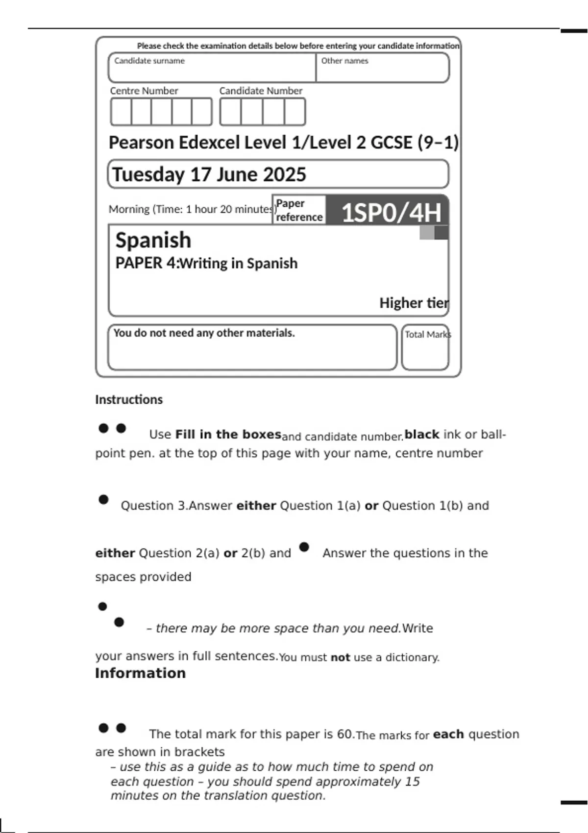 Pearson Edexcel GCSE Spanish Writing (High Tier) 2025 Exam Paper + Mark ...