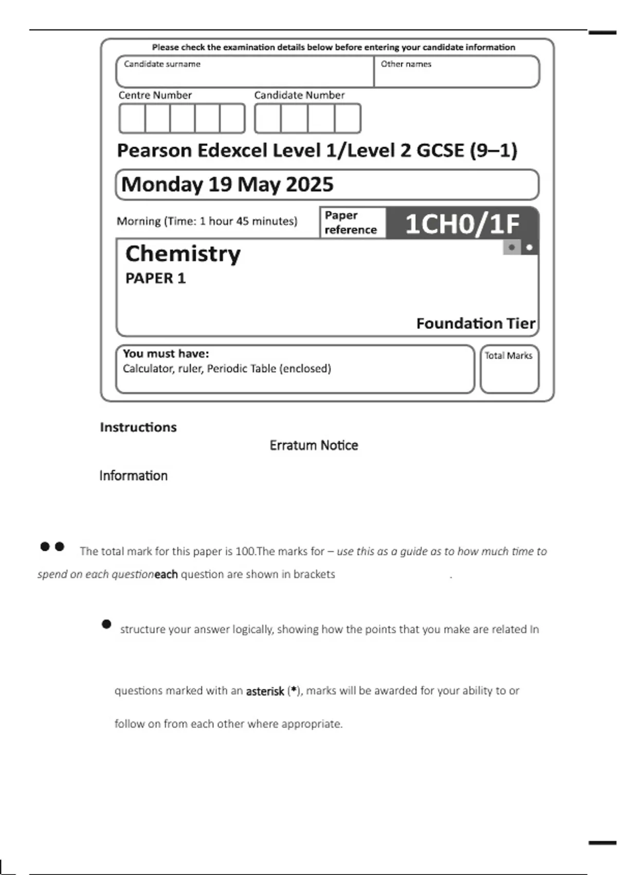 Pearson Edexcel GCSE Chemistry Paper 1 (Foundation Tier) 2025 Exam ...