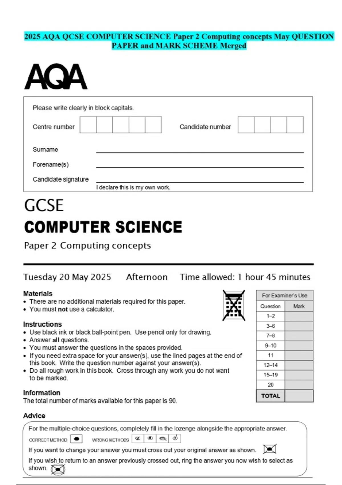 2025 AQA QCSE COMPUTER SCIENCE Paper 2 Computing concepts May QUESTION ...