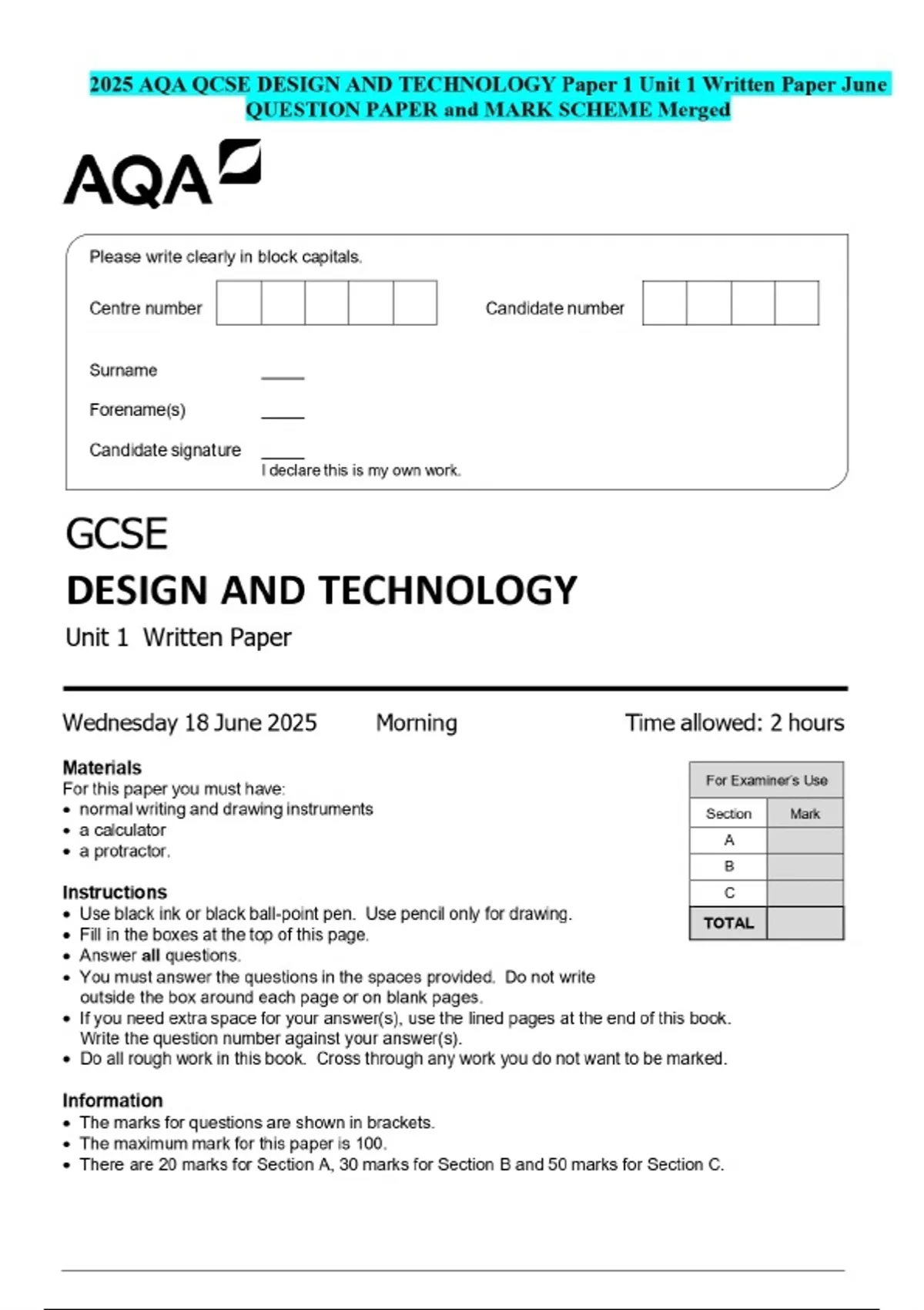 2025 AQA QCSE DESIGN AND TECHNOLOGY Paper 1 Unit 1 Written Paper June ...