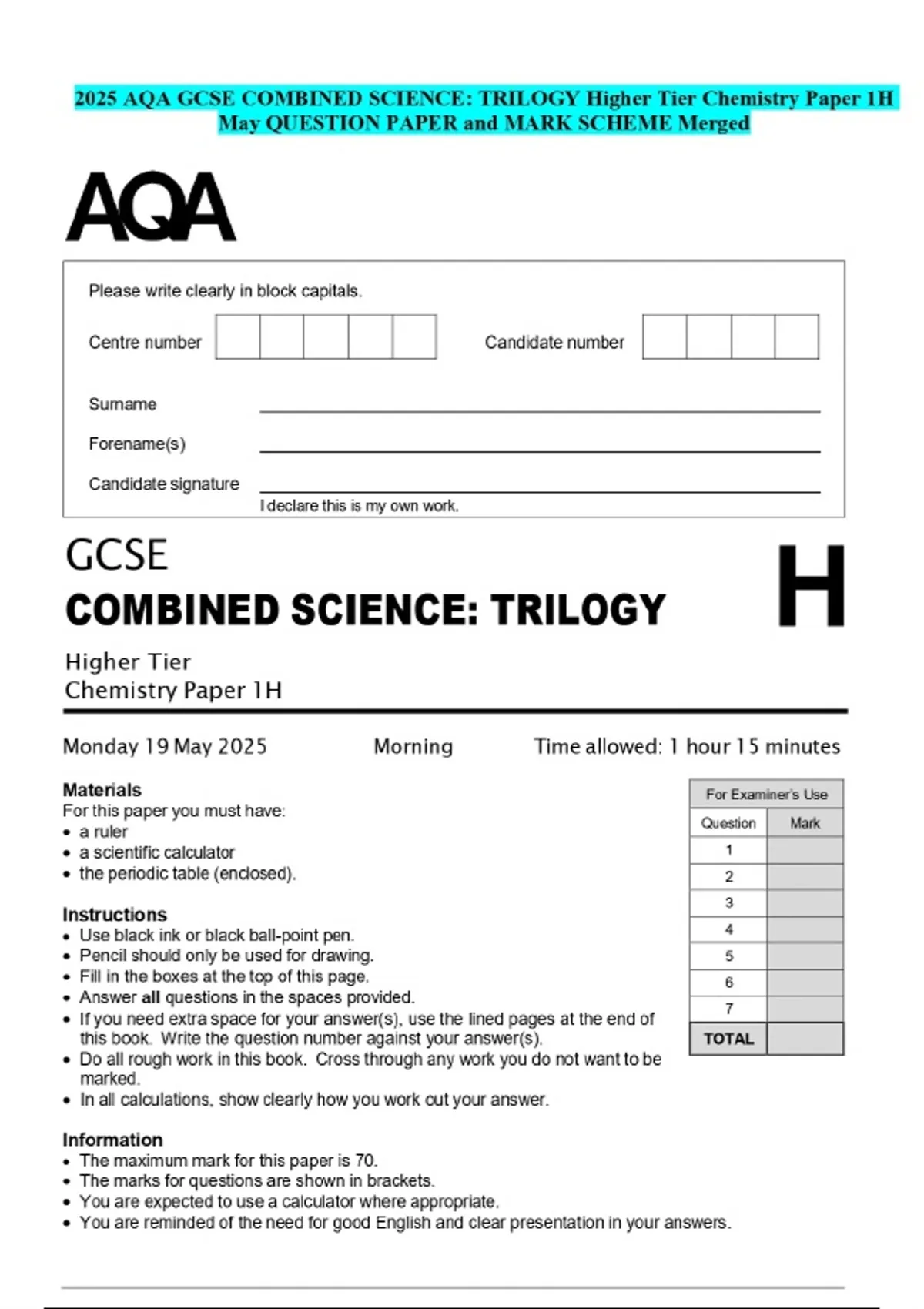 2025 AQA GCSE COMBINED SCIENCE: TRILOGY Higher Tier Chemistry Paper 1H ...