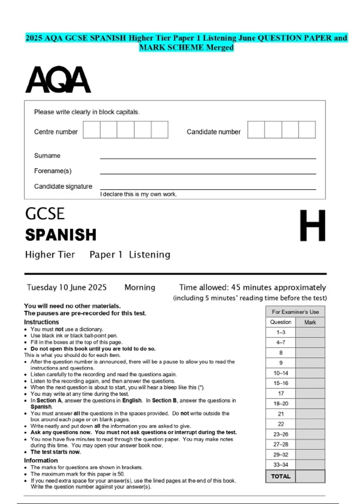 2025 AQA GCSE SPANISH Higher Tier Paper 1 Listening June QUESTION PAPER ...