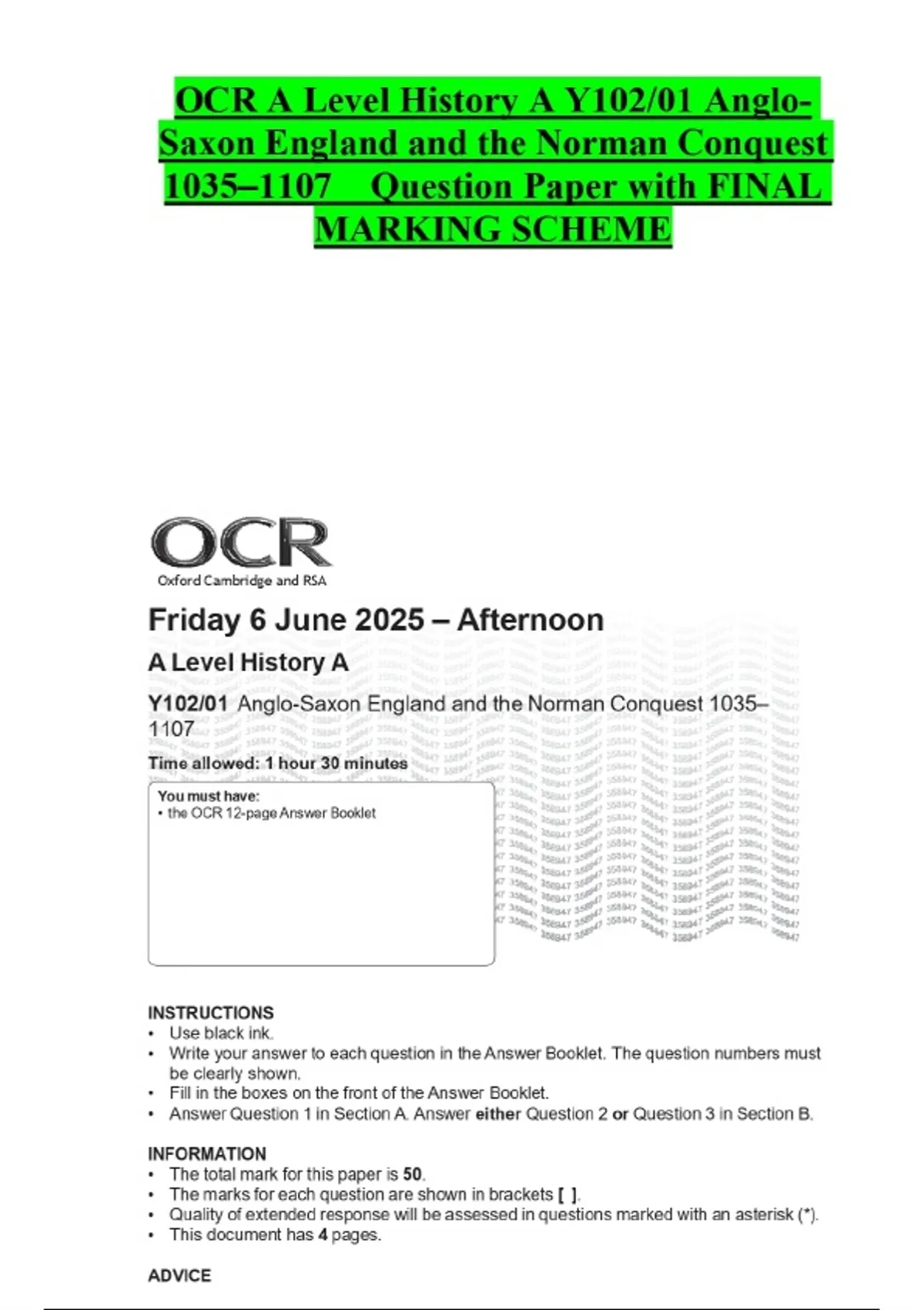 OCR A Level History A Y102/01 Anglo- Saxon England and the Norman ...