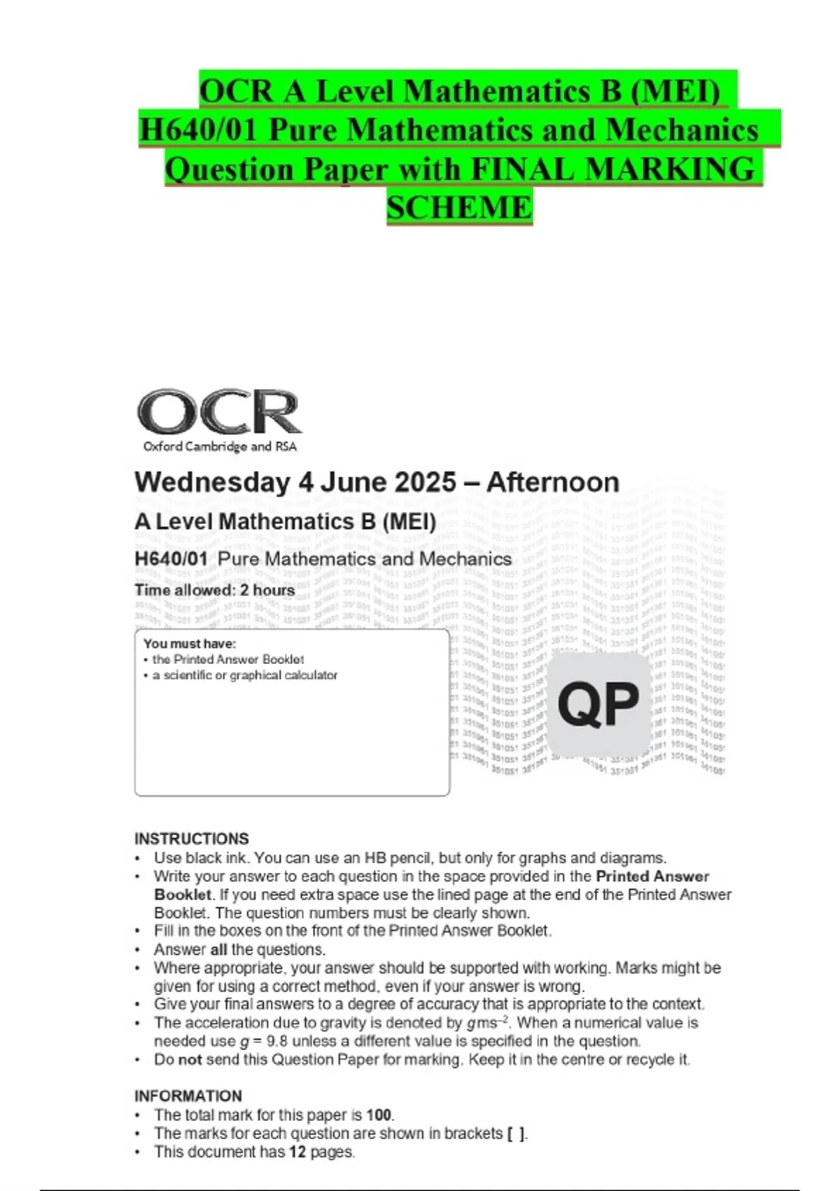 OCR A Level Mathematics B (MEI) H640/01 Pure Mathematics and Mechanics ...