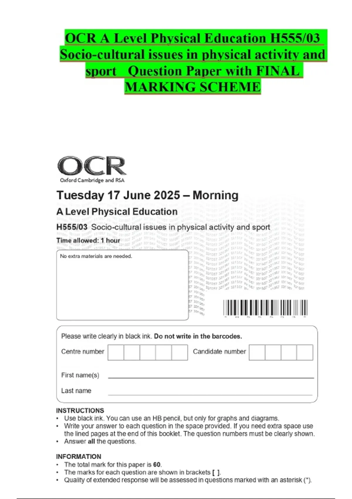 OCR A Level Physical Education H555/03 Socio-cultural issues in ...