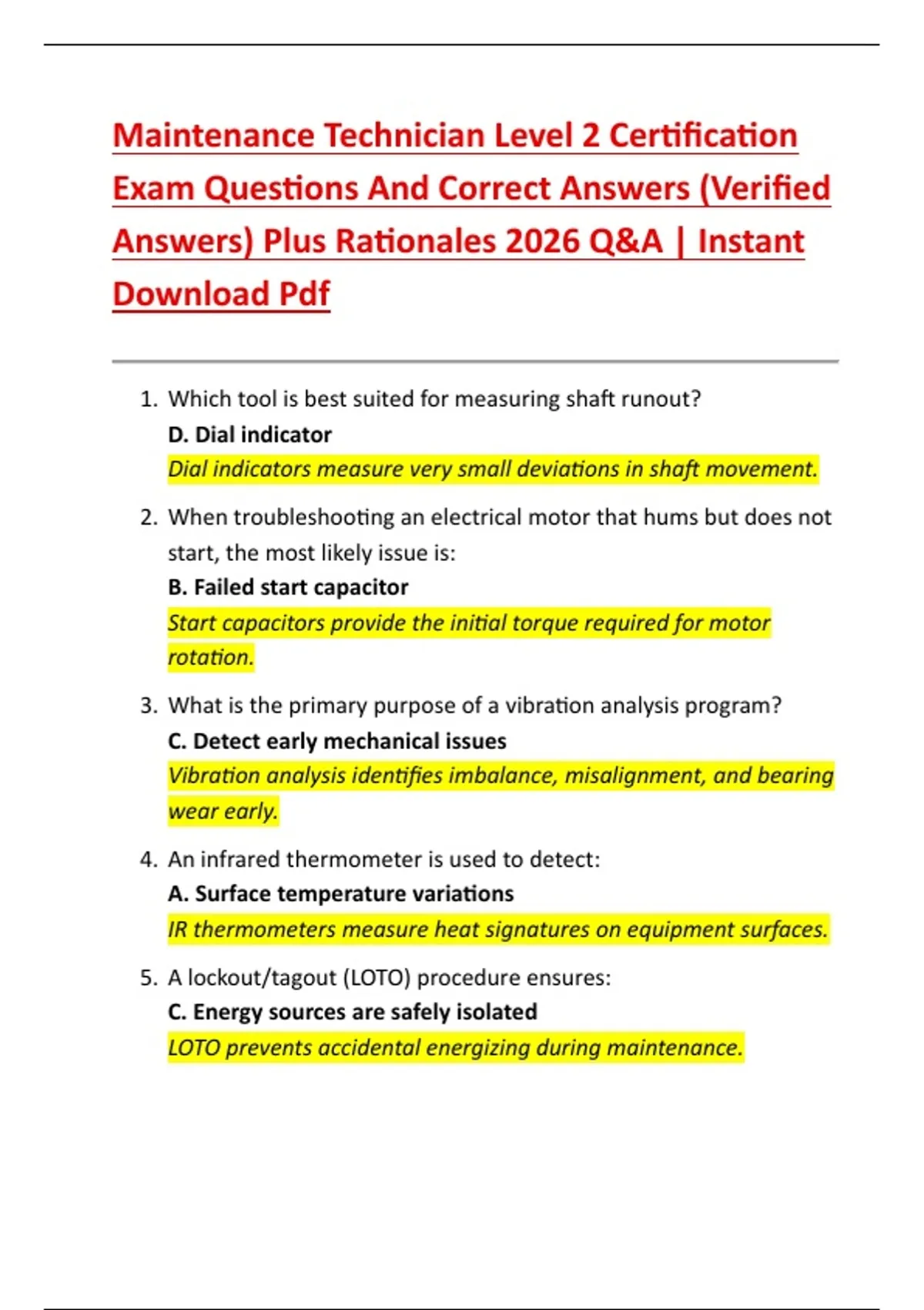 Maintenance Technician Level 2 Certification Exam Questions And Correct ...