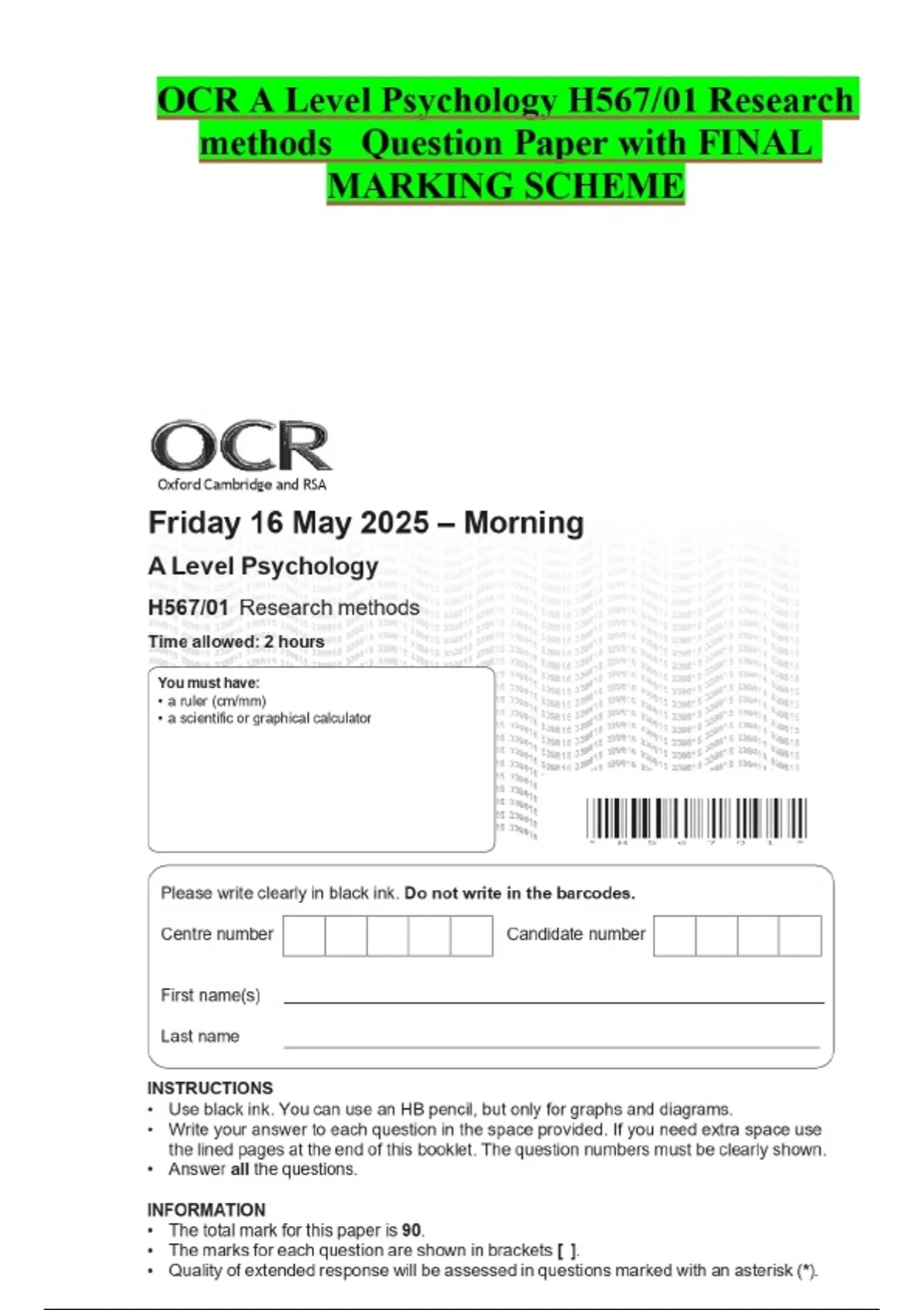 OCR A Level Psychology H567/01 Research methods Question Paper with ...