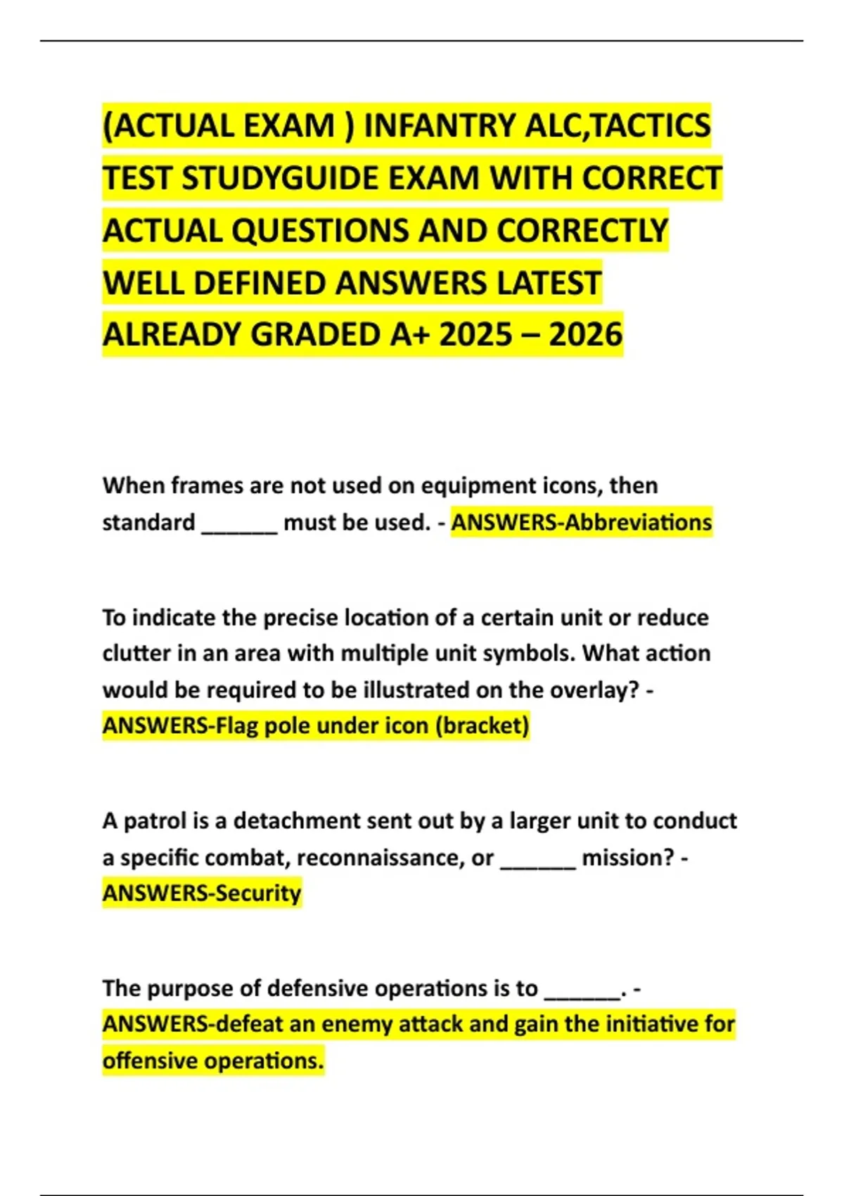 (ACTUAL EXAM ) INFANTRY ALC,TACTICS TEST STUDYGUIDE EXAM WITH CORRECT ...