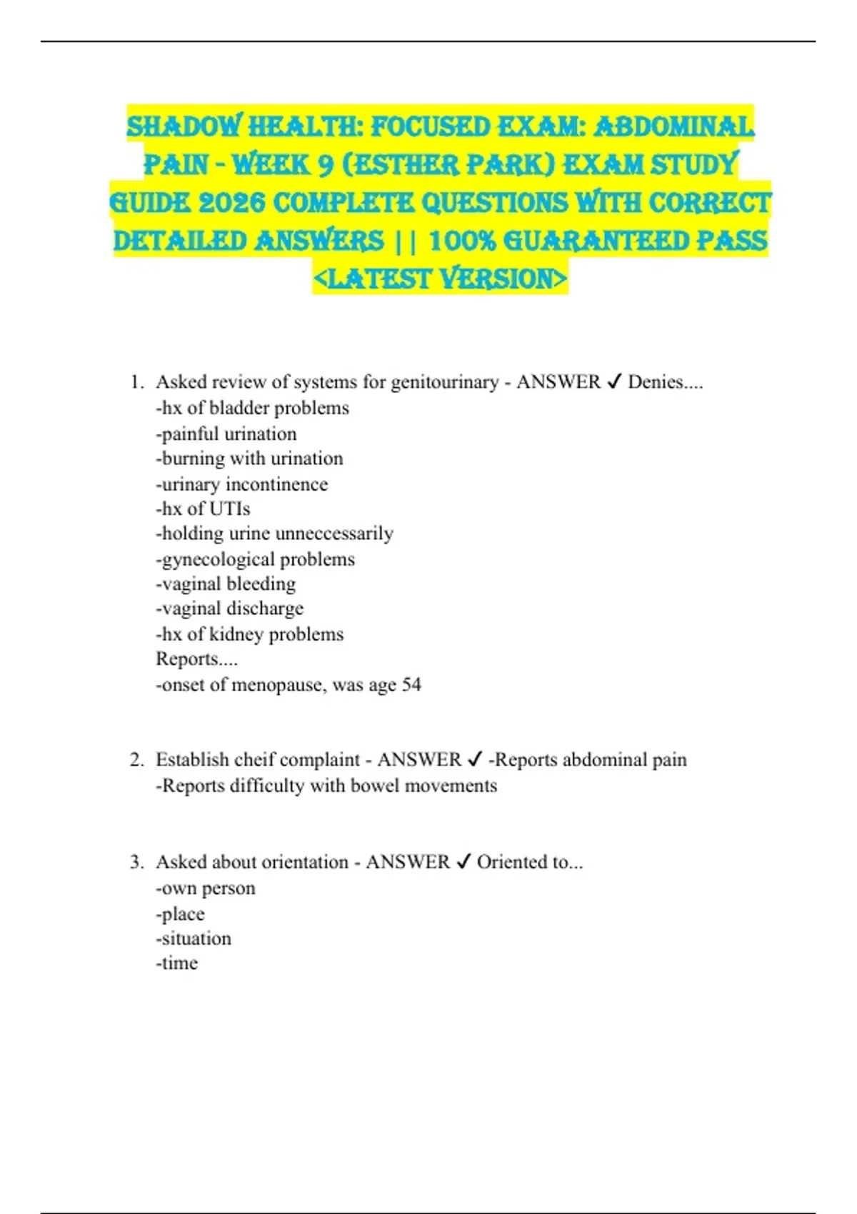 SHADOW HEALTH: FOCUSED EXAM: ABDOMINAL PAIN - WEEK 9 (ESTHER PARK) EXAM ...