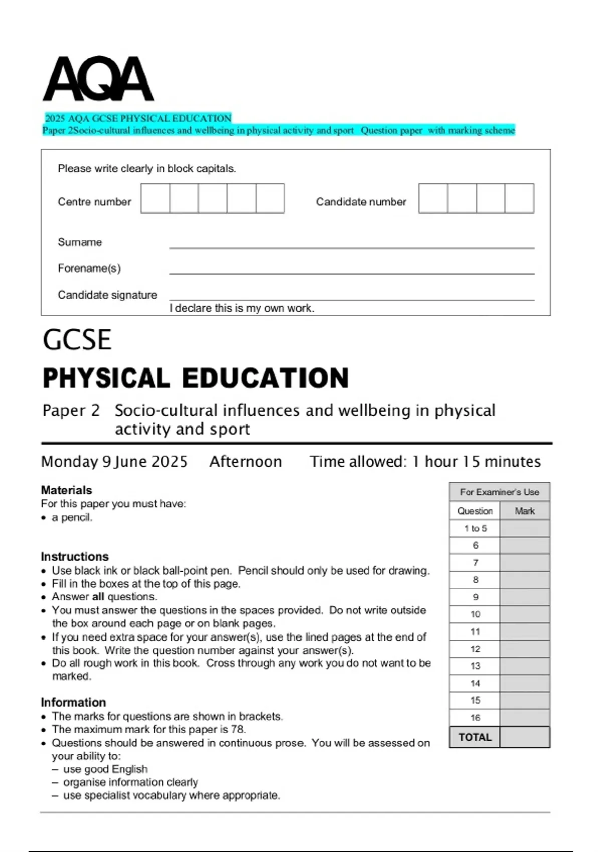 2025 AQA GCSE PHYSICAL EDUCATION Paper 2Socio-cultural influences and ...