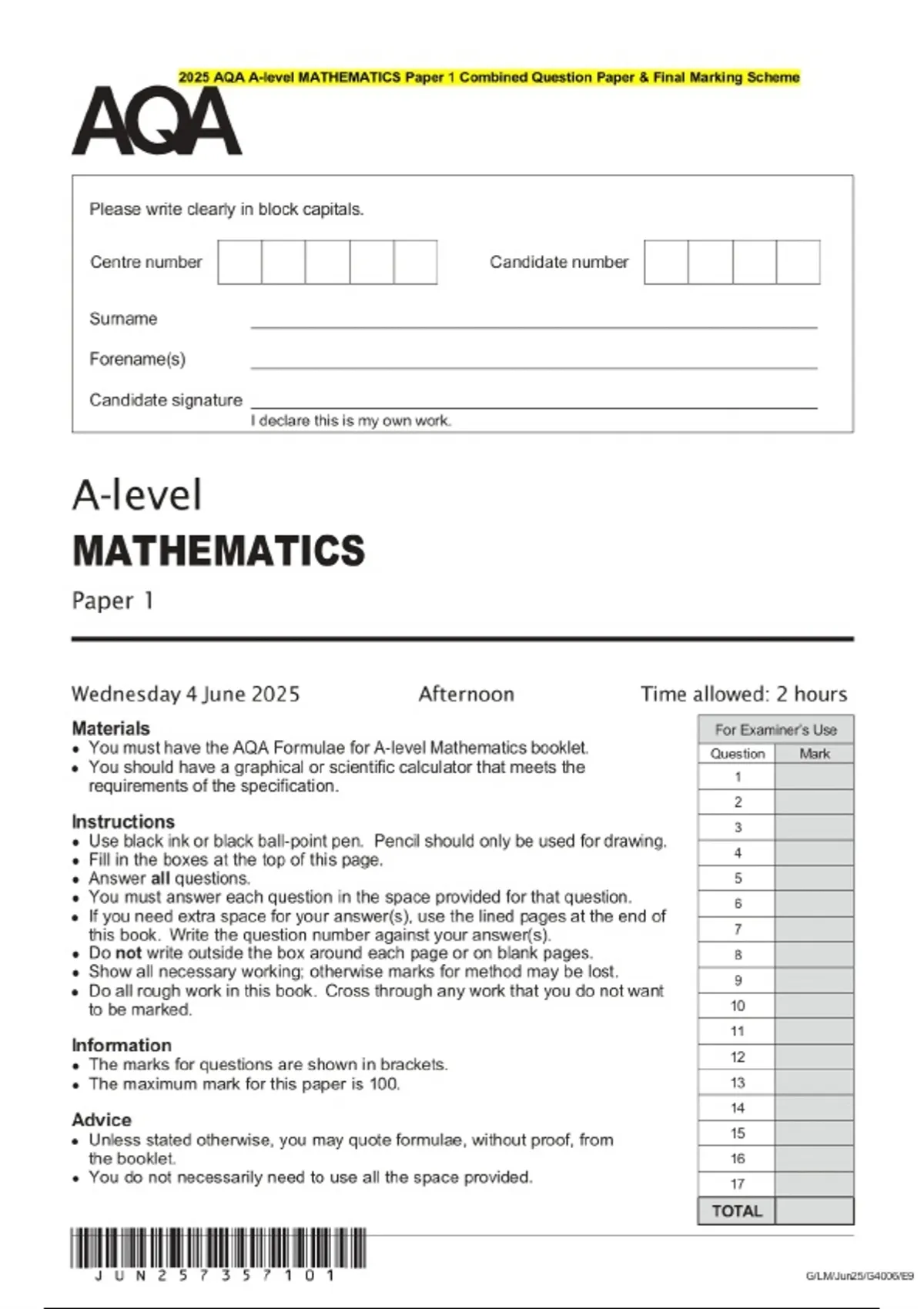 2025 AQA A-level MATHEMATICS Paper 1 Combined Question Paper & Final ...