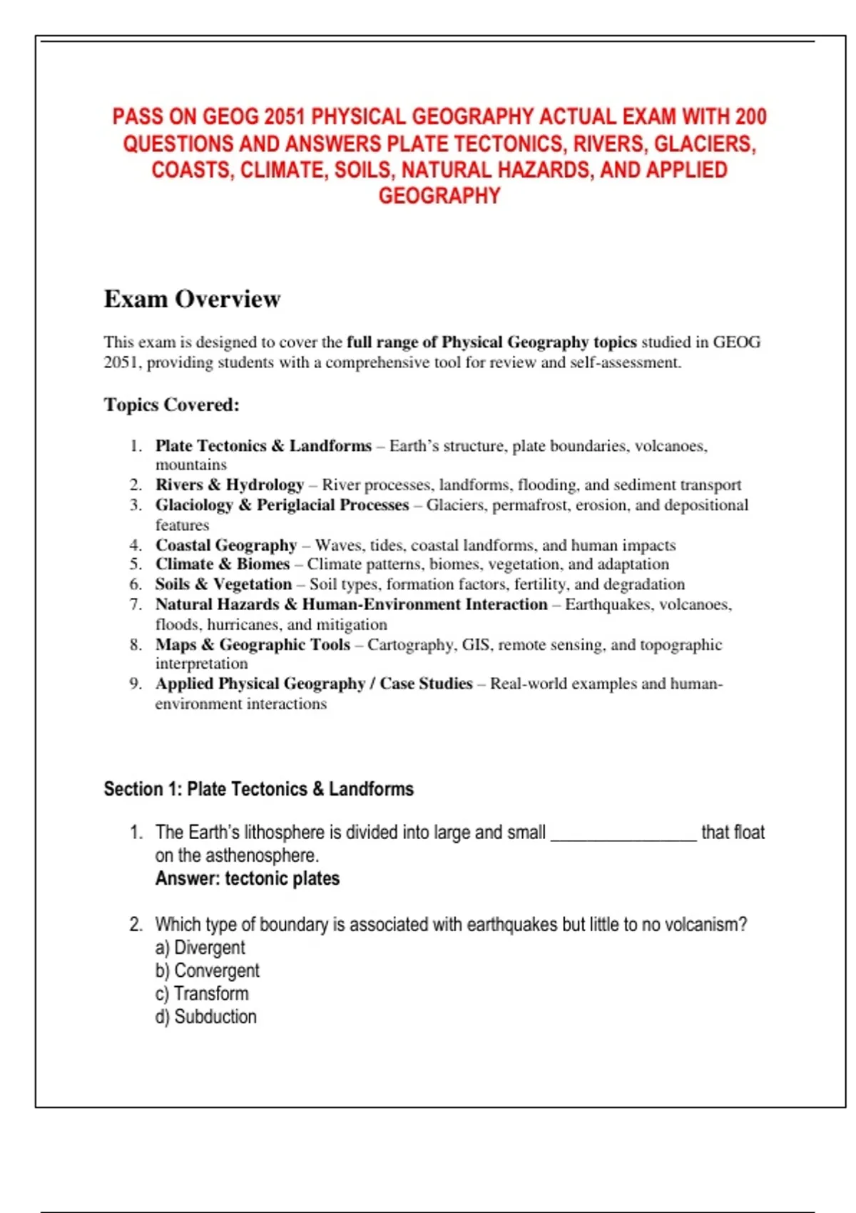 PASS ON GEOG 2051 PHYSICAL GEOGRAPHY ACTUAL EXAM WITH 200 QUESTIONS AND ...
