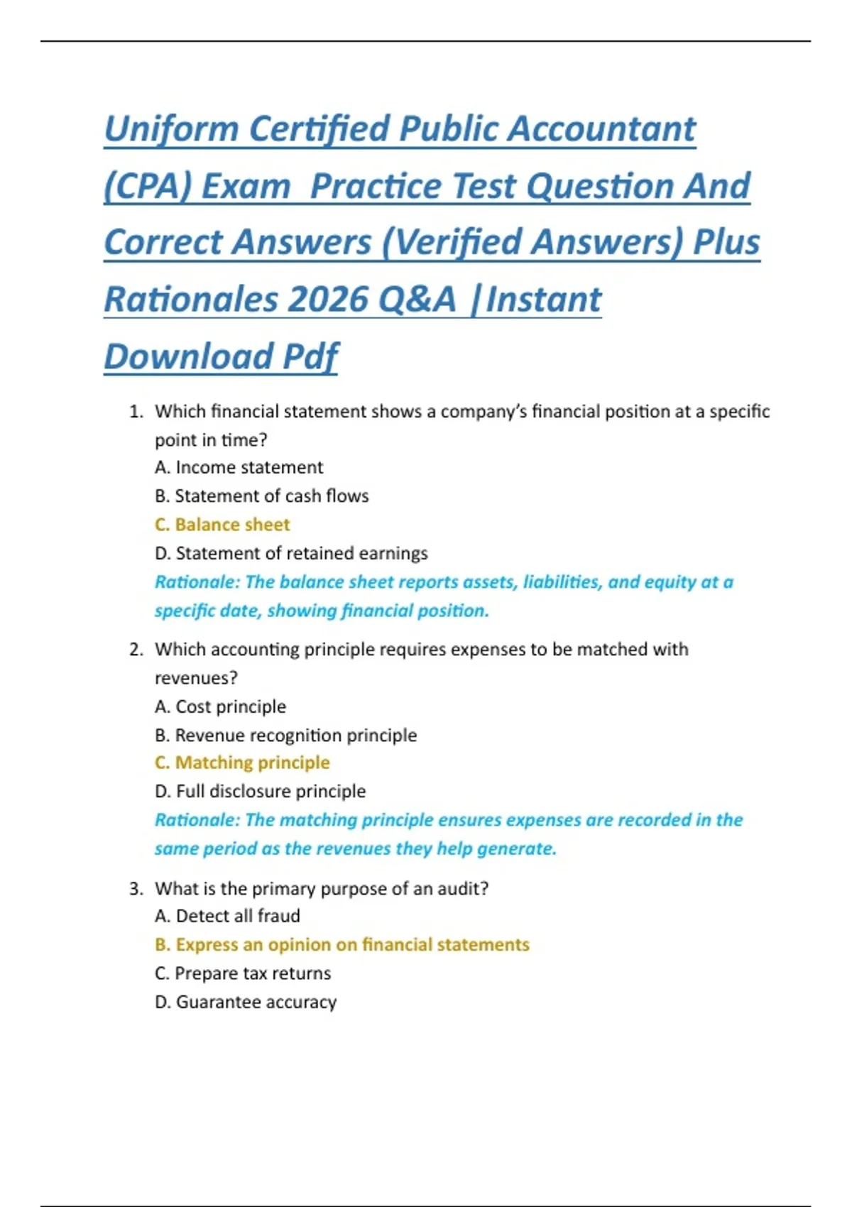 Uniform Certified Public Accountant (CPA) Exam Practice Test Question ...