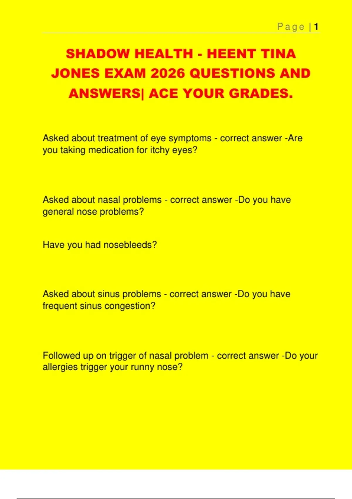 SHADOW HEALTH - HEENT TINA JONES EXAM 2026 QUESTIONS AND ANSWERS| ACE ...