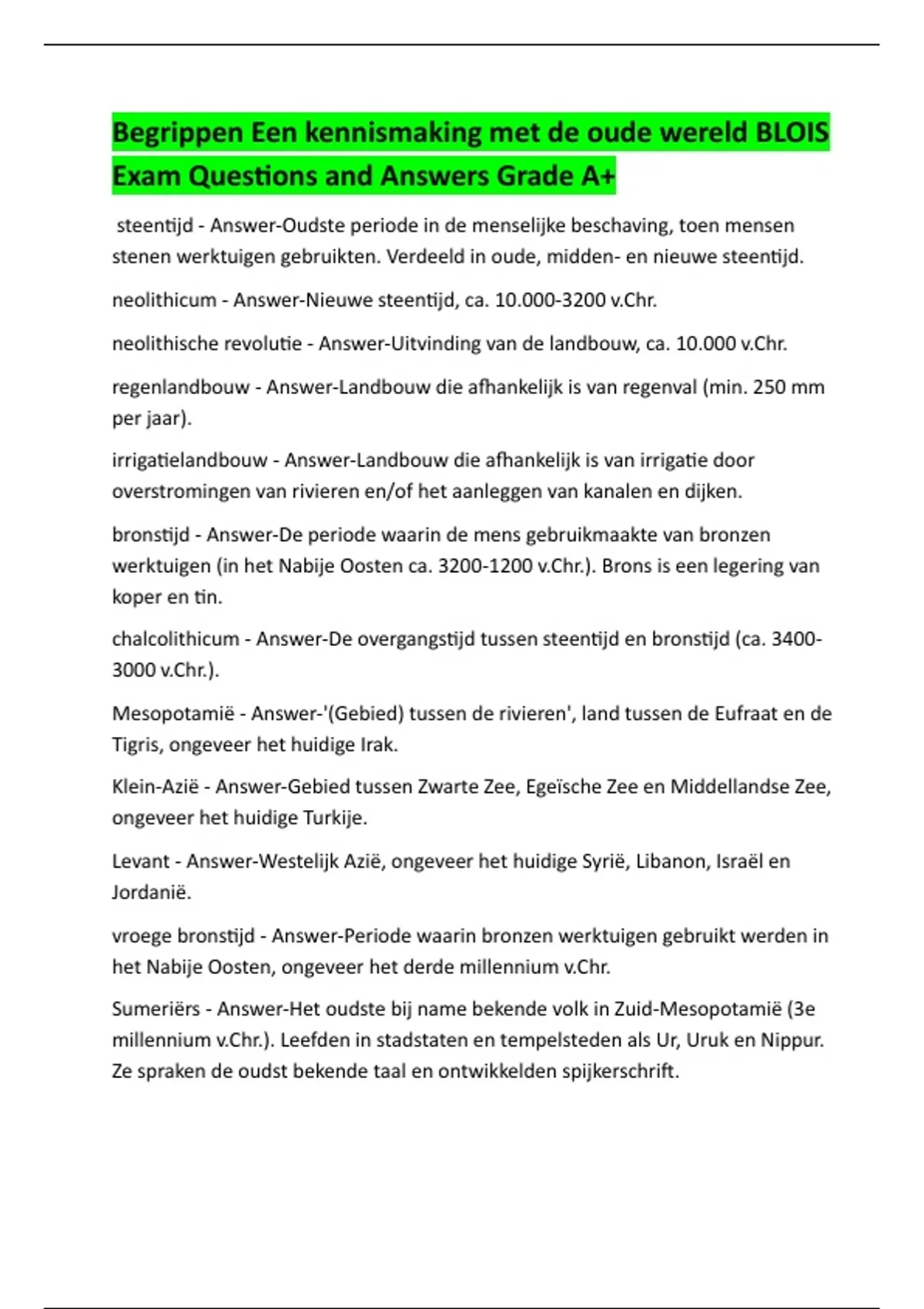 Begrippen Een kennismaking met de oude wereld BLOIS Exam Questions and ...