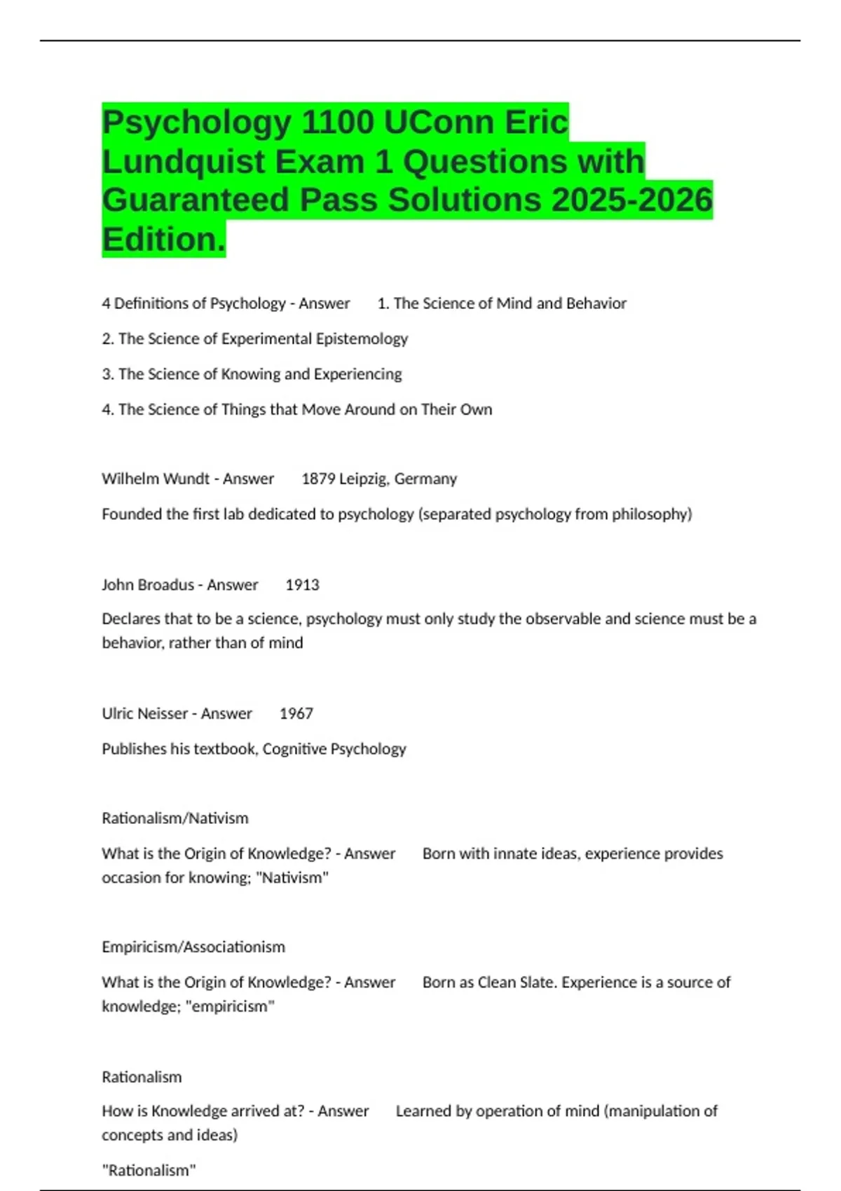 Psychology 1100 UConn Eric Lundquist Exam 1 Questions with Guaranteed ...