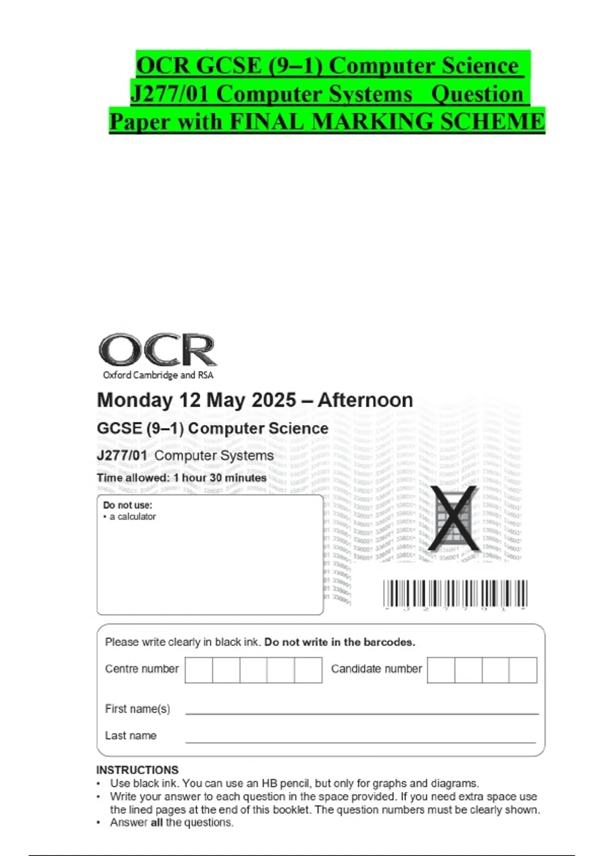OCR GCSE (9–1) Computer Science J277/01 Computer Systems Question Paper ...