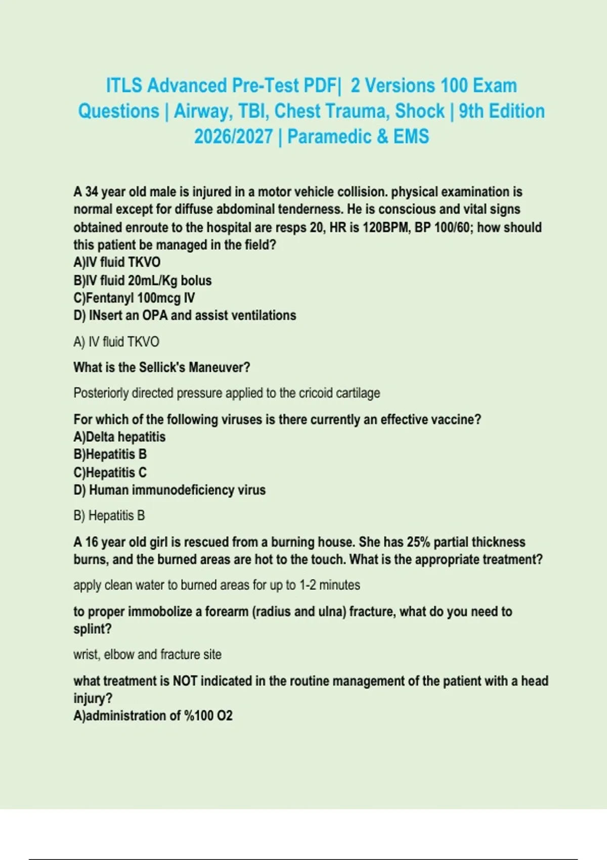 ITLS Advanced Pre-Test PDF| 2 Versions 100 Exam Questions | Airway, TBI ...
