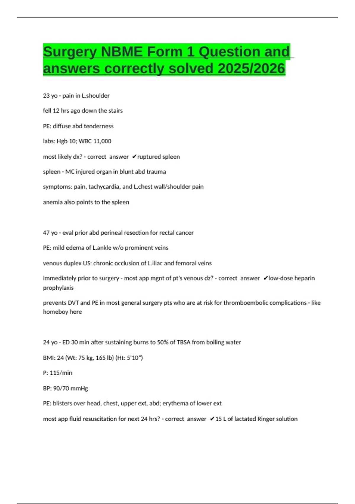 Surgery NBME Form 1 Question and answers correctly solved 2025/2026 ...