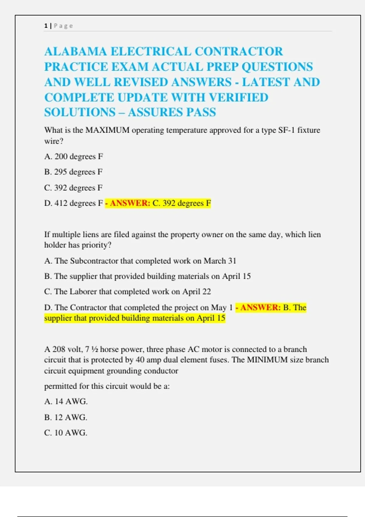 ALABAMA ELECTRICAL CONTRACTOR PRACTICE EXAM ACTUAL PREP QUESTIONS AND ...