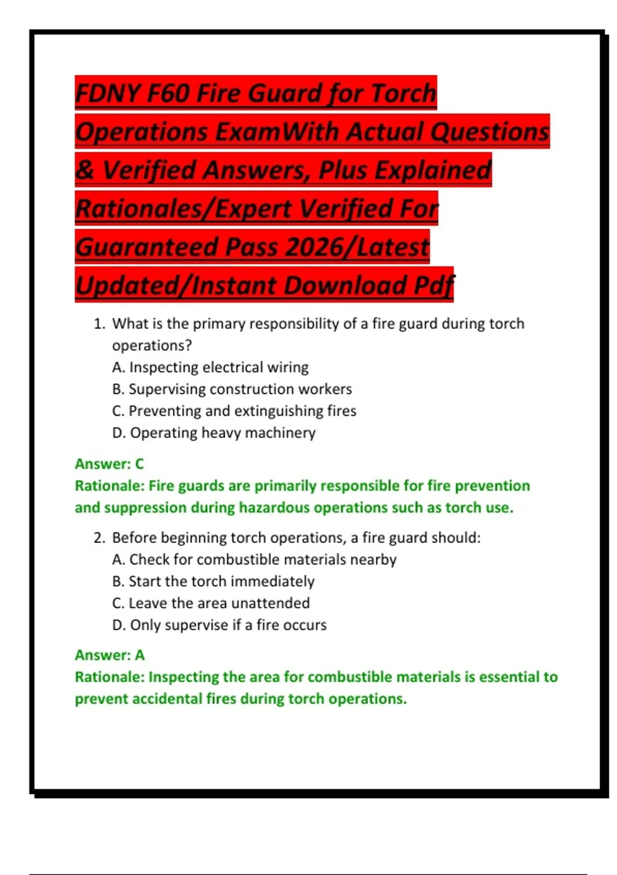 FDNY F60 Fire Guard for Torch Operations ExamWith Actual Questions ...