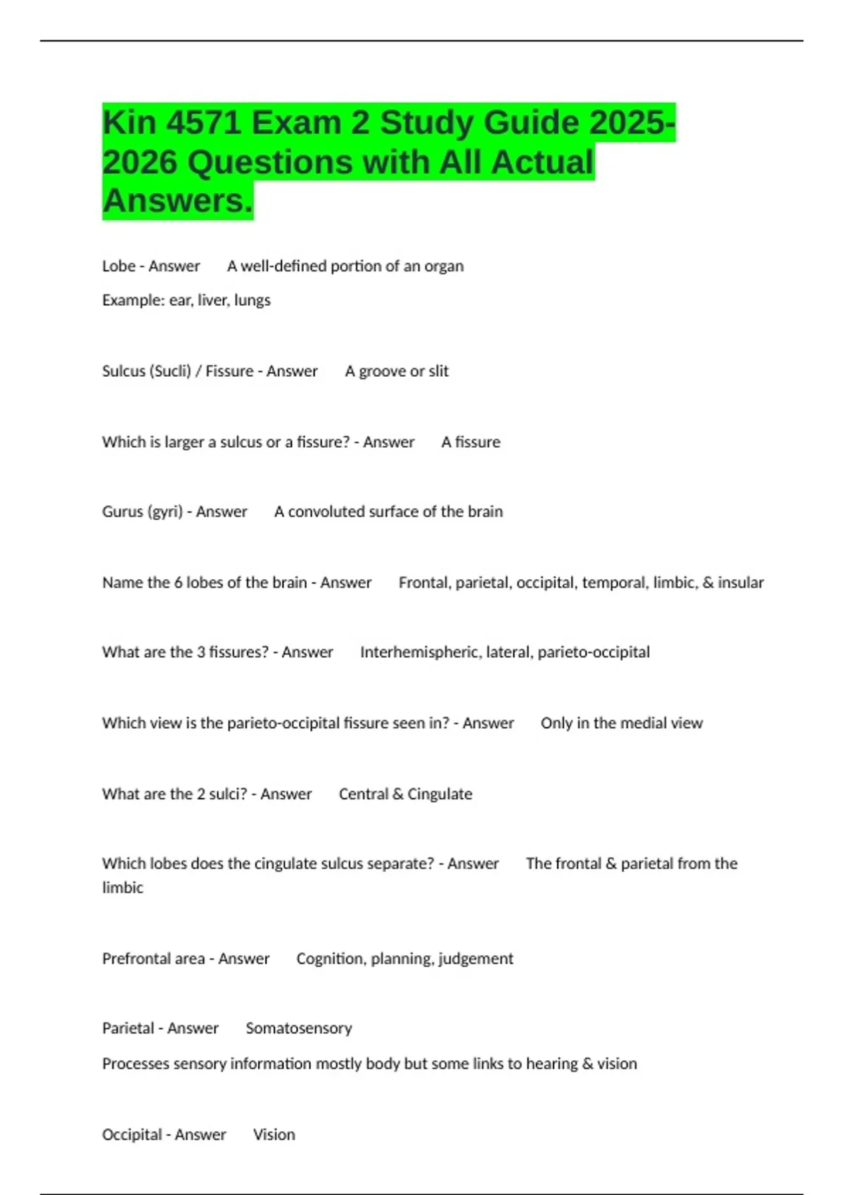 Kin 4571 Exam 2 Study Guide Questions with All Actual Answers. - KIN ...