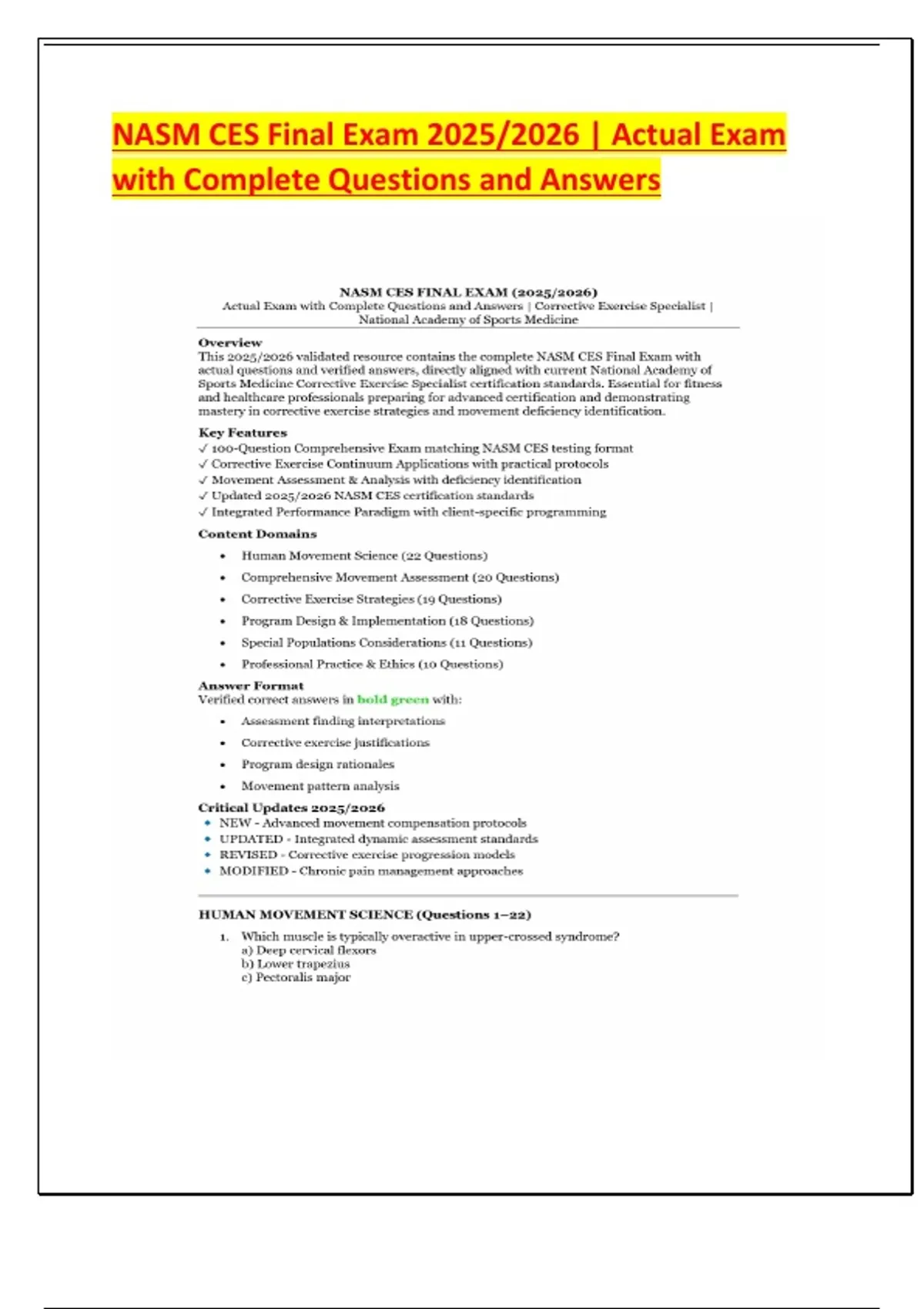 NASM CES Final Exam 2025/2026 | Actual Exam with Complete Questions and ...
