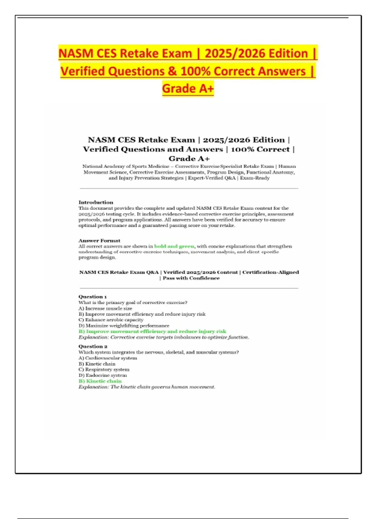 NASM CES Final Exam 2025/2026 | Actual Exam with Complete Questions and ...