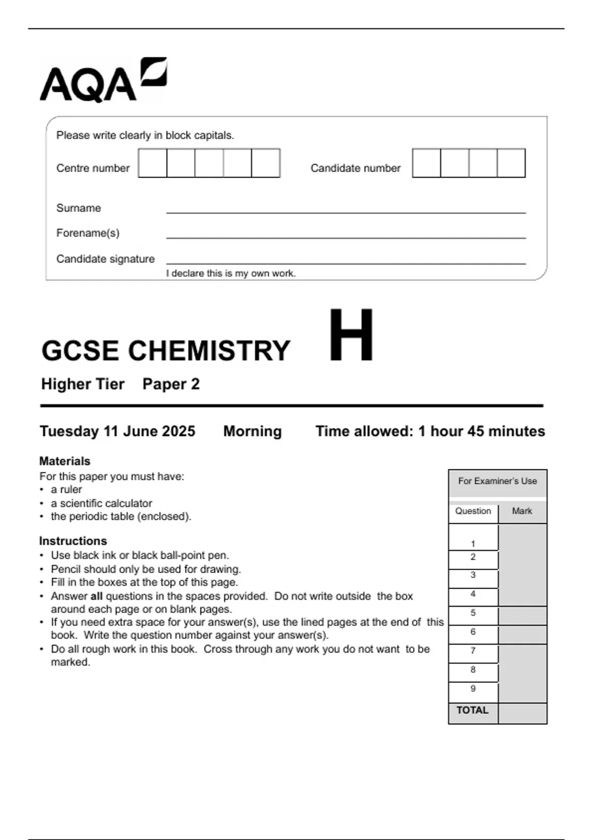 AQA GCSE Chemistry Paper 2 (Higher Tier) 2025 Exam Paper + Mark Scheme ...