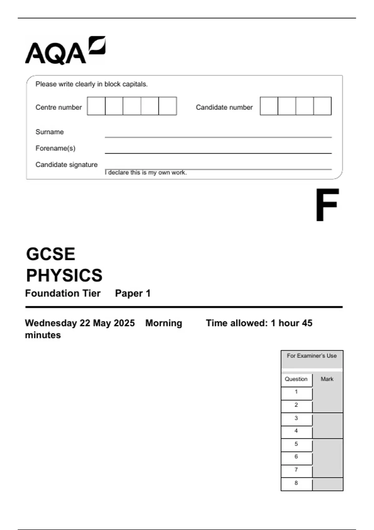 AQA GCSE Physics Paper 1 (Foundation Tier) 2025 Exam Paper + Mark ...
